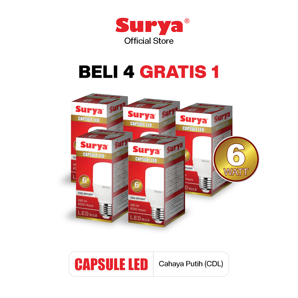 Jual Surya Lampu Bohlam LED Capsule 6 Watt Cahaya Putih (Beli 4 Gratis 1) | Shopee Indonesia
