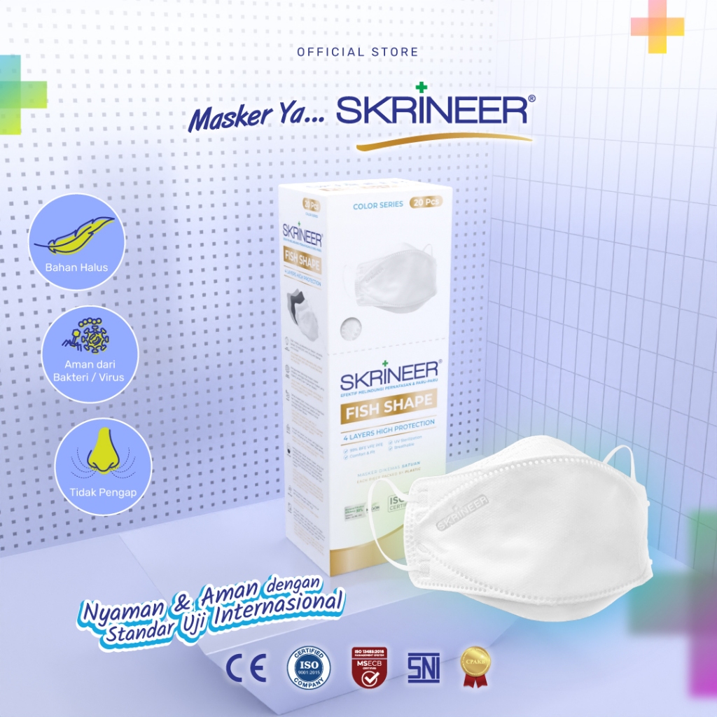 Jual Skrineer Masker Fish Shape 4 ply Earloop White isi 20 pcs | Shopee ...