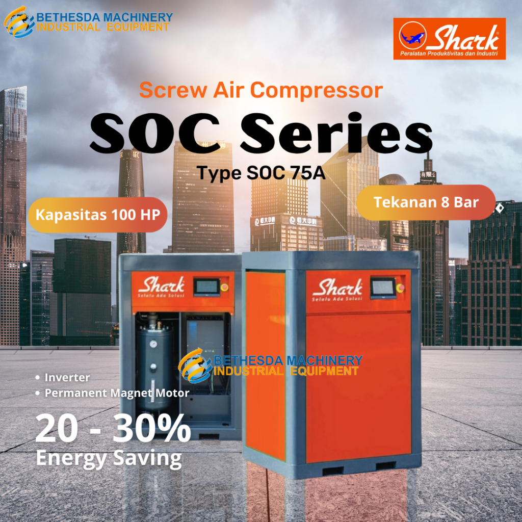 Jual Shark Air compressor screw SOC75A 100 hp kompresor angin 8 bar ...