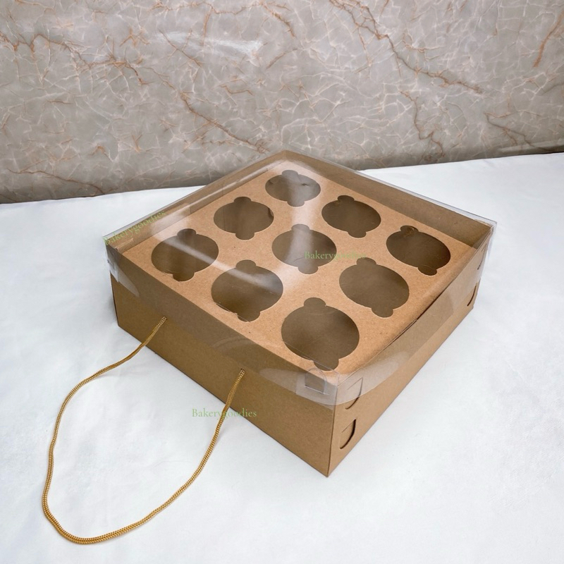 Jual kotak dus box cup cake muffin pudding 9 lubang mika tali 25x25x10 ...