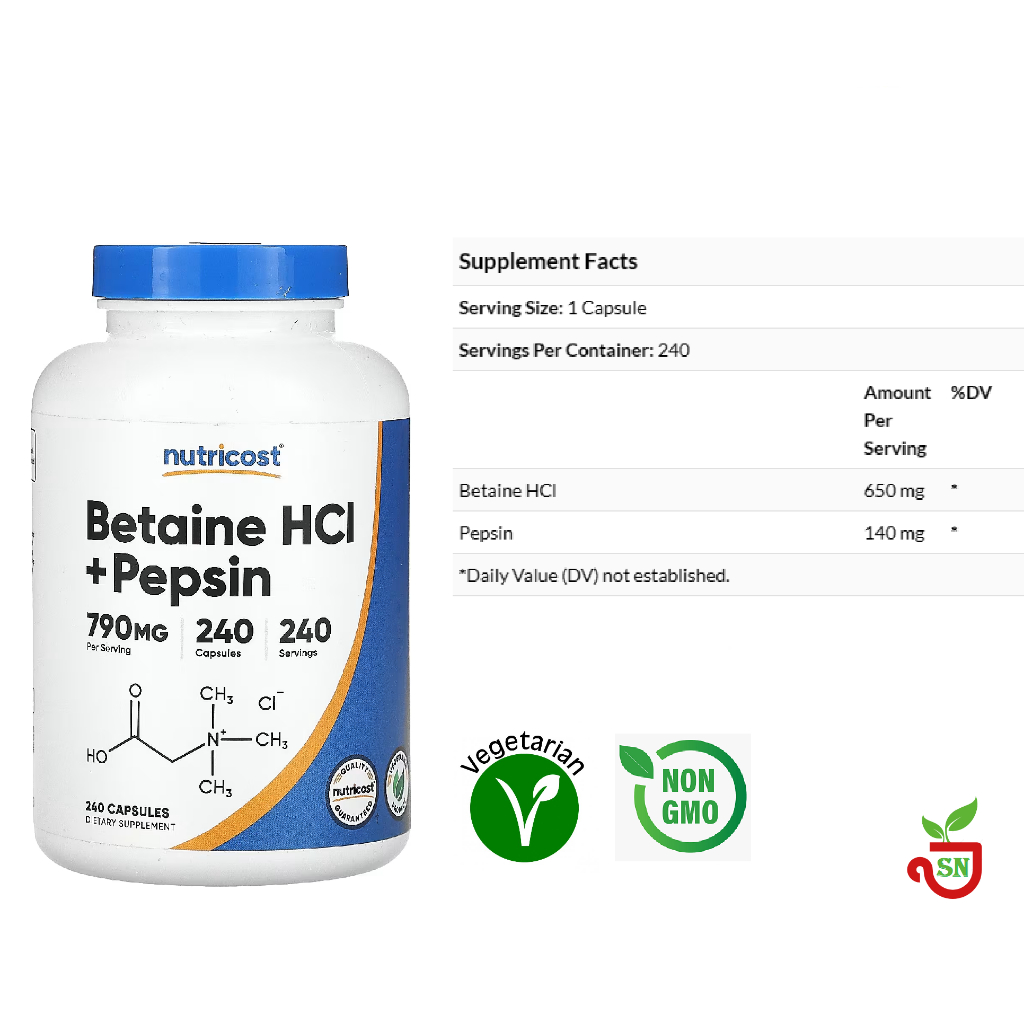 Jual Nutricost, Betaine HCl + Pepsin, 240 Capsules, Vegetarian | Shopee ...