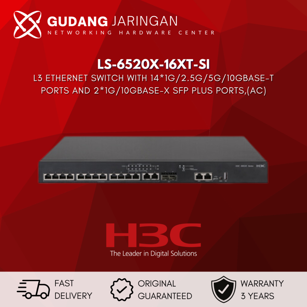 Jual H3C LS-6520X-16XT-SI L3 Ethernet Switch with 14*1G/2.5G/5G/10GBase-T Ports and 2*1G/10GBase ...