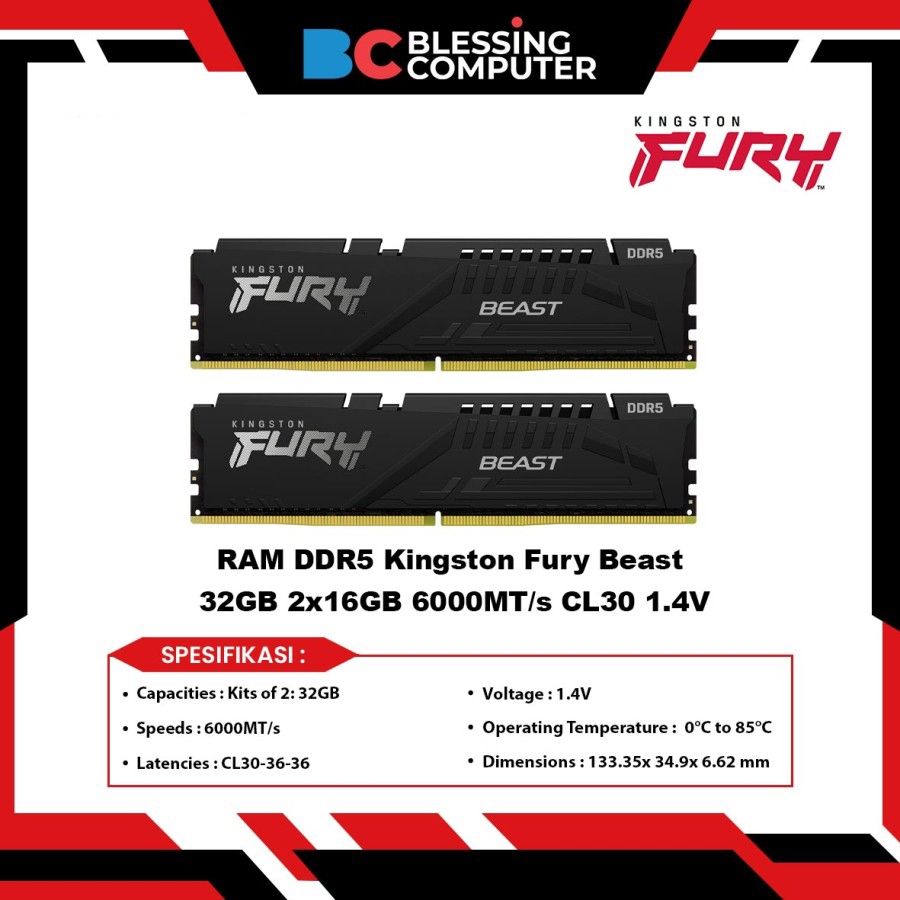 Jual RAM DDR5 Kingston Fury Beast 32GB 2x16GB 6000MT/s CL30 1.4V KF560C30BBK2-32 XMP BLACK ...