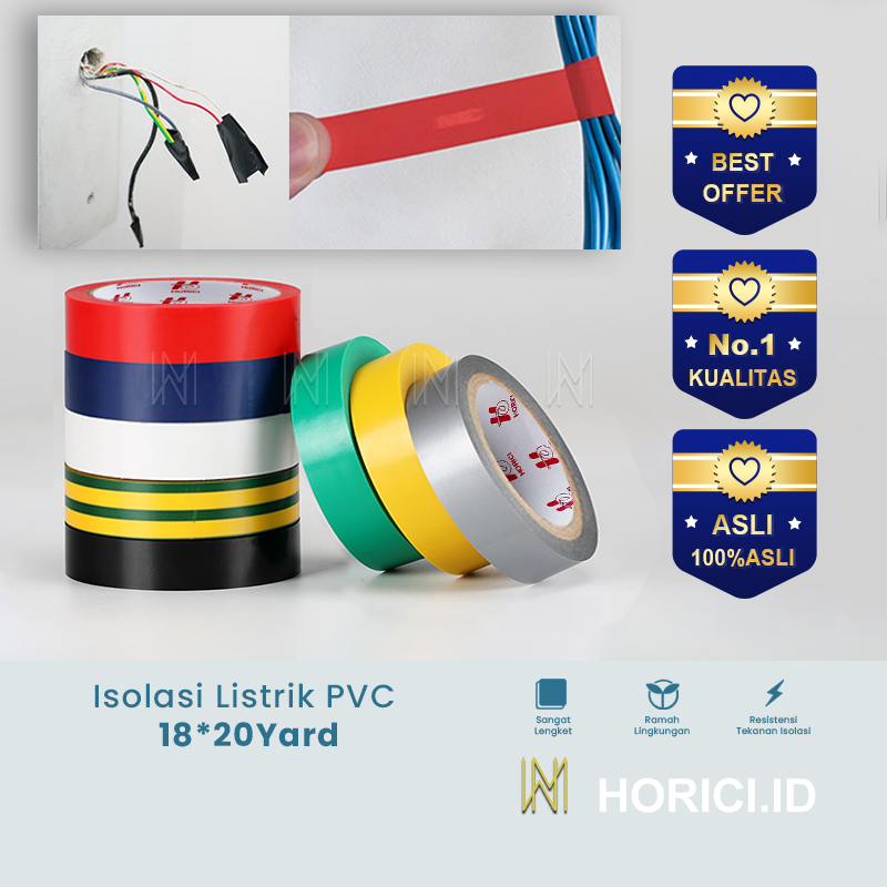 Jual HORICI TAPE 18mm x 20Y ISOLASI LISTRIK PVC HITAM/MERAH/KUNING ...