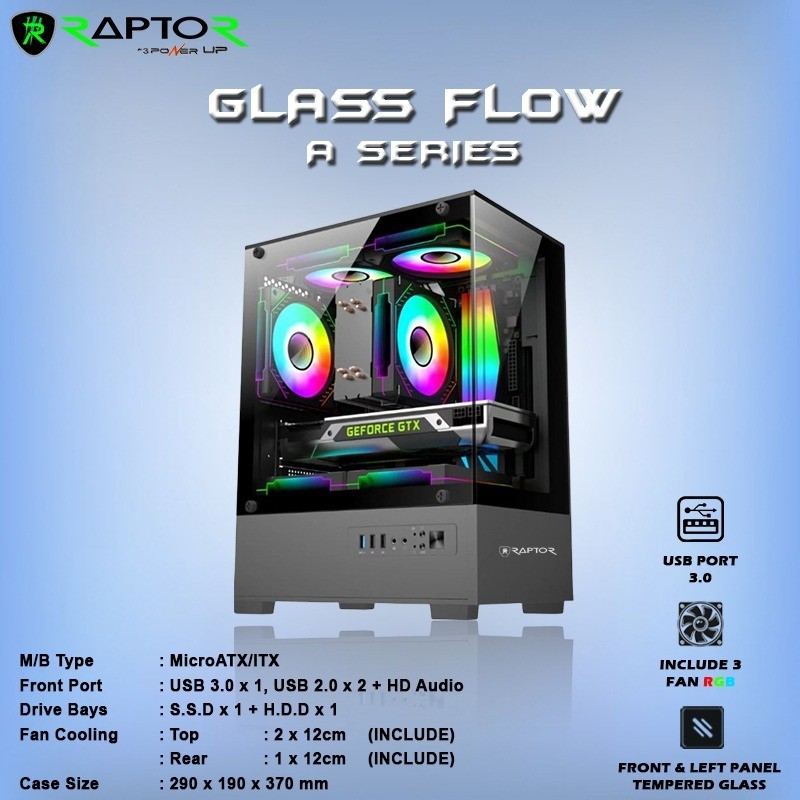 Jual Casing Gaming M-ATX / ITX Raptor Glass Flow A Free 3 Fan RGB ...
