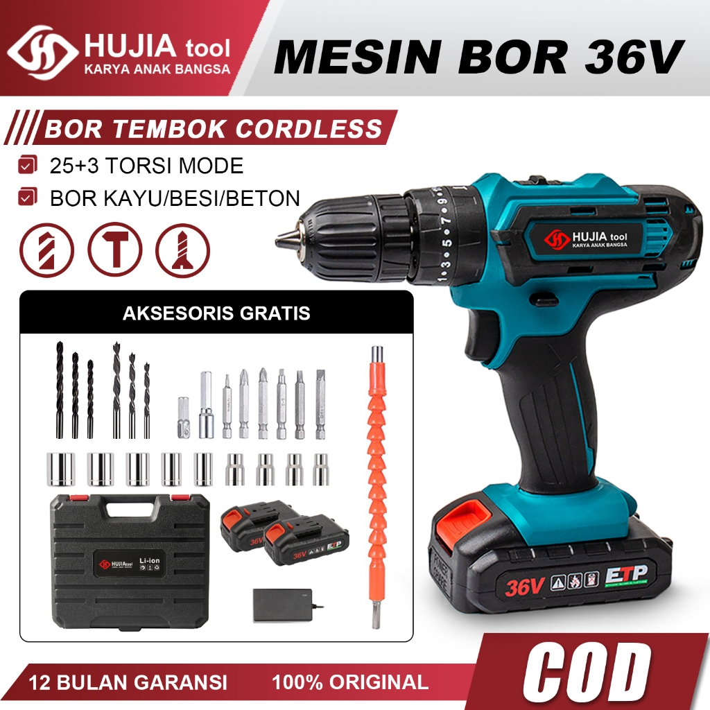 Jual HUJIA 36Vf Mesin Bor Baterai Bor Cas 25+3 Bor Cordless Impact ...