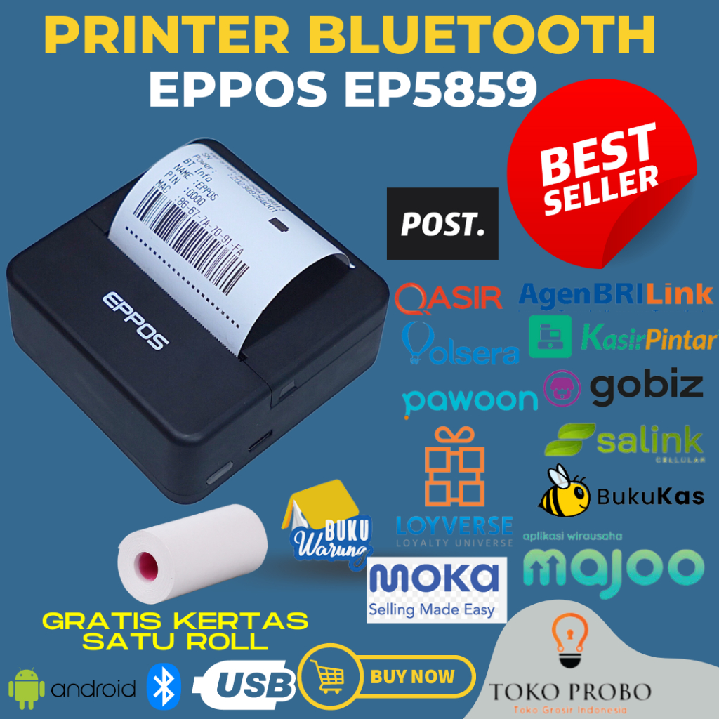Jual Mini Printer Bluetooth Portable Thermal 58mm EPPOS EP5859 [Black / Hitam] | Shopee Indonesia