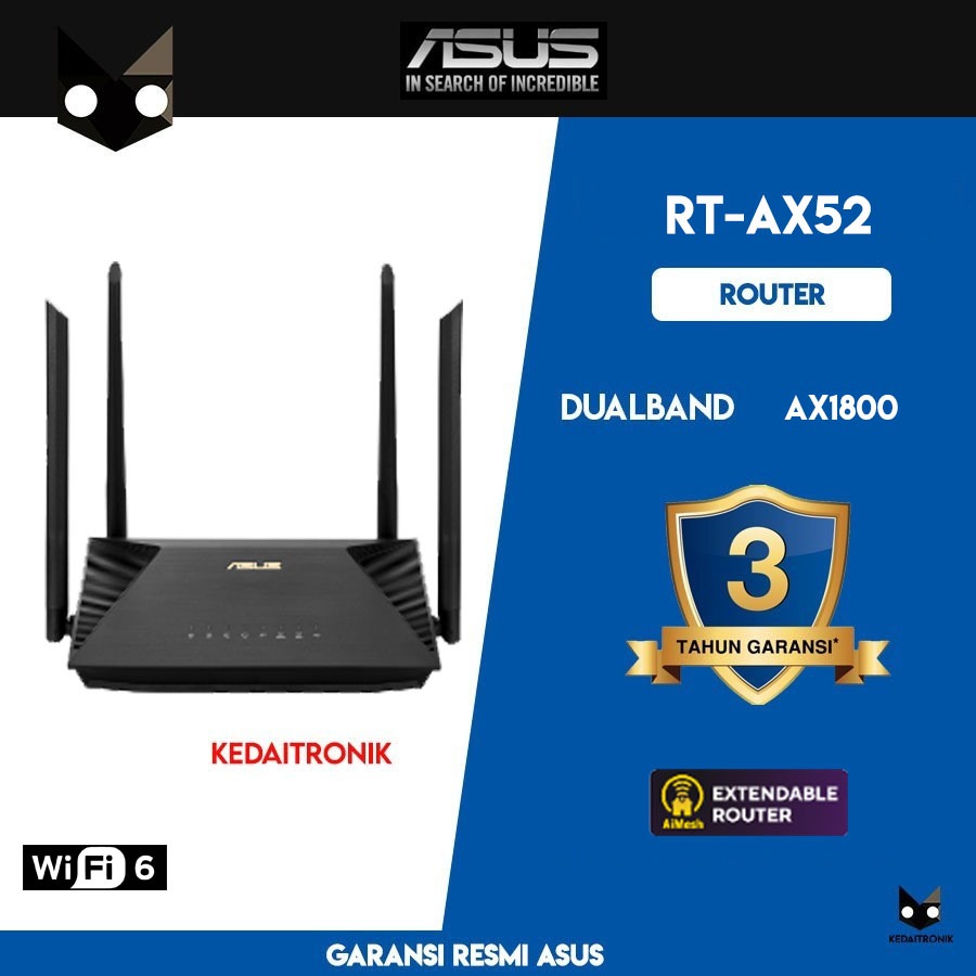 Jual NEW Asus RT AX52 AX1800 Dual Band WiFi 6 Extendable Router RTAX52 ...