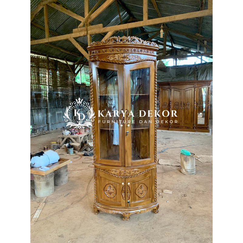 Jual almari kaca hias kayu / lemari kaca / almari pojok / lemari sudut ...