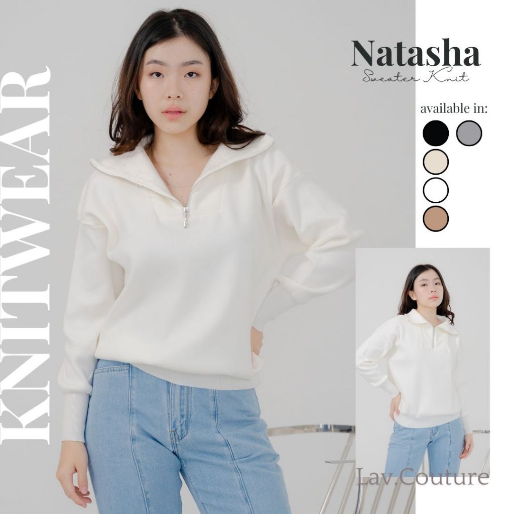 Jual Natasha Stripe knitted sweater Cardigan V-Neck turtle neck half ...