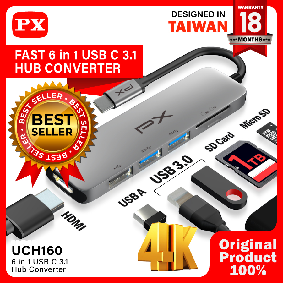 Jual PX USB Type C 3.1 Hub 6 in 1 Adapter Converter 4K HDMI USB Micro SD Card - UCH160 | Shopee ...