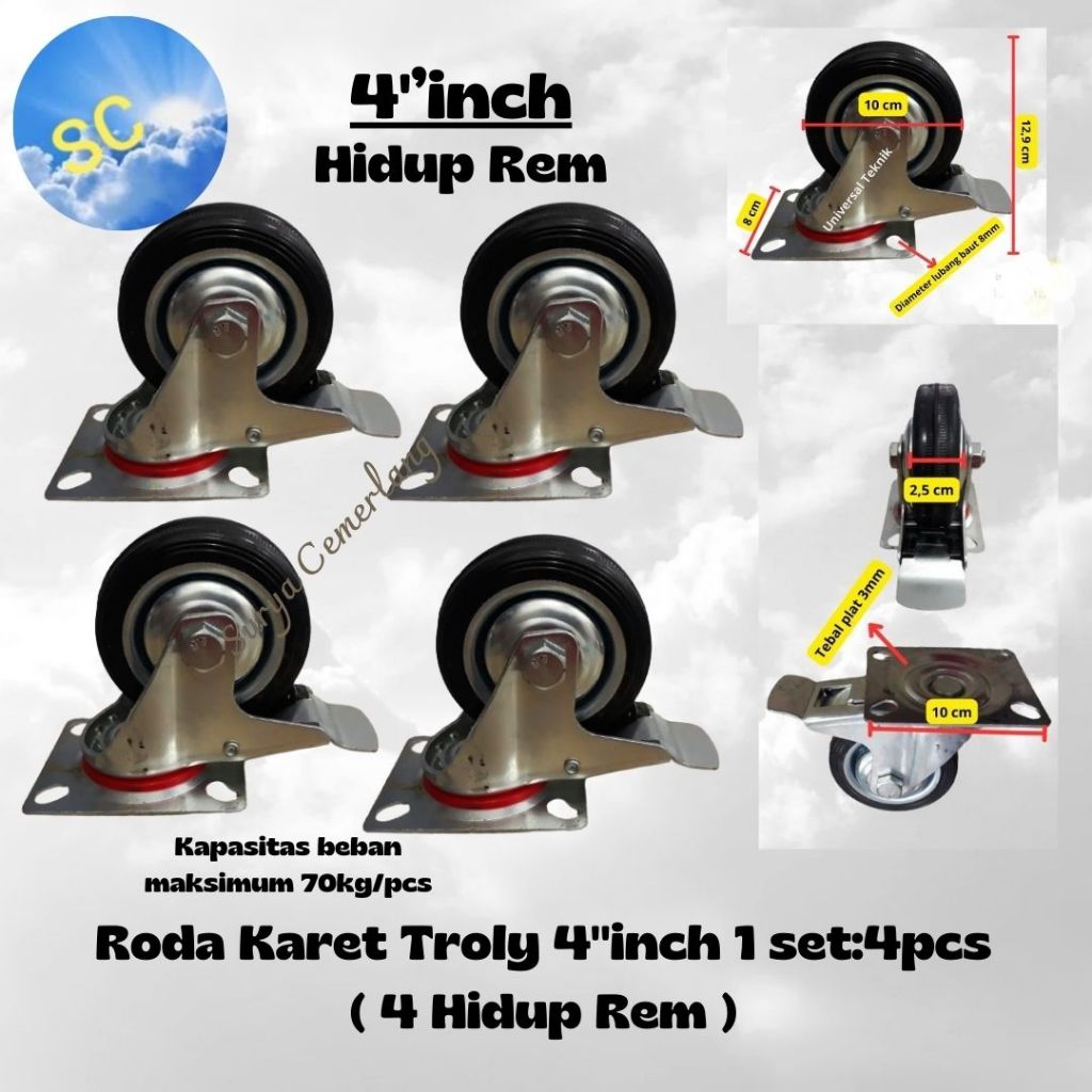 Jual Roda troli Karet 4" inch troly kastor 1 Set 4pcs ( 4 Hidup Rem ...