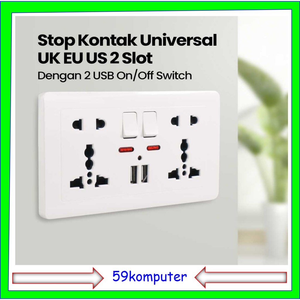 Jual Stop Kontak Soket Universal UK EU US 2 Slot With 2 Port charger ...