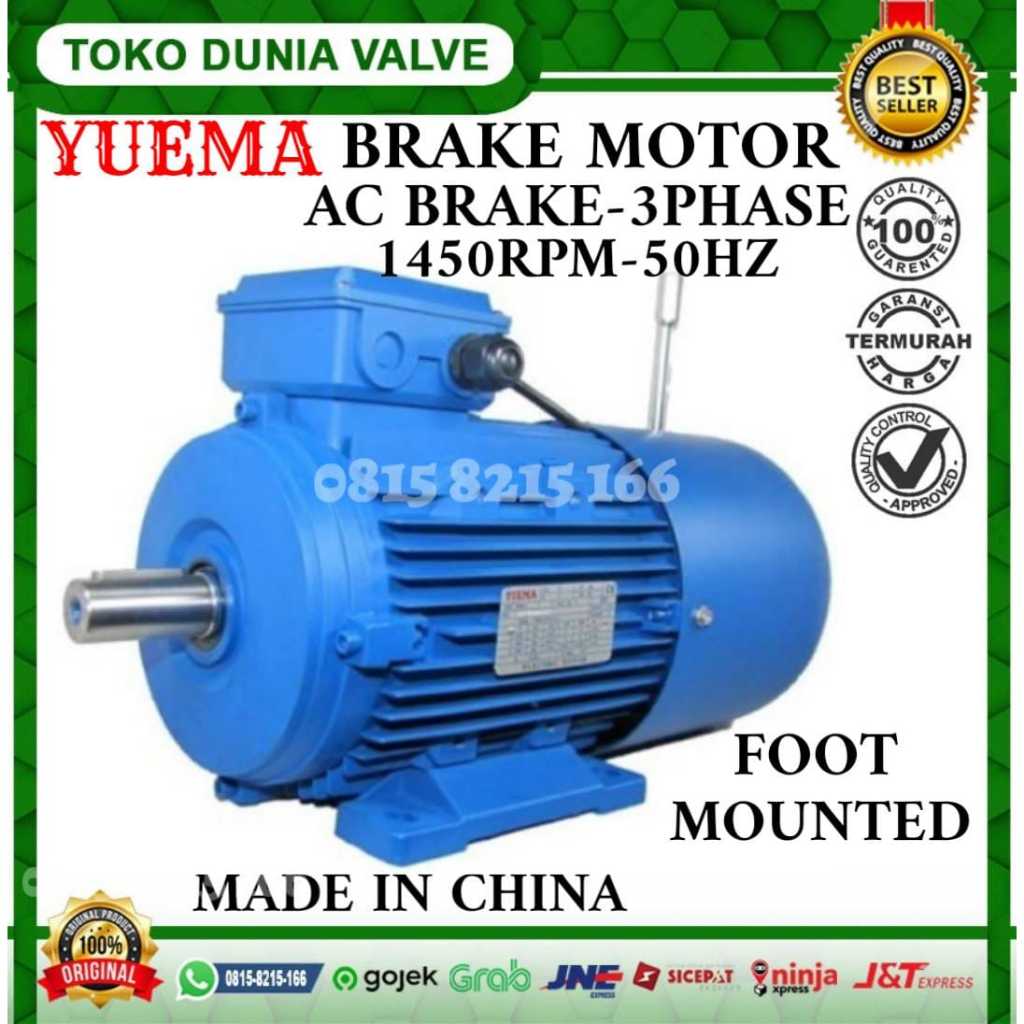 Jual AC 0.75KW 1HP 1500RPM 4POLE 802-4 3PHASE B3 YUEMA BRAKE MOTOR ...