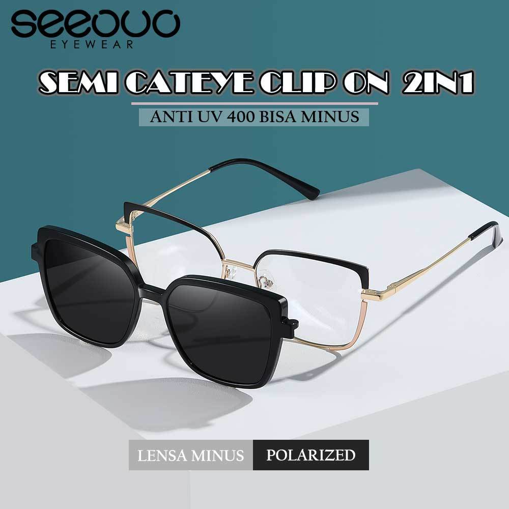 Jual Seeouo Kacamata Clip On 2in1 Polarized UV Protection Model Kotak Semi Cat Eye Bahan Metal ...