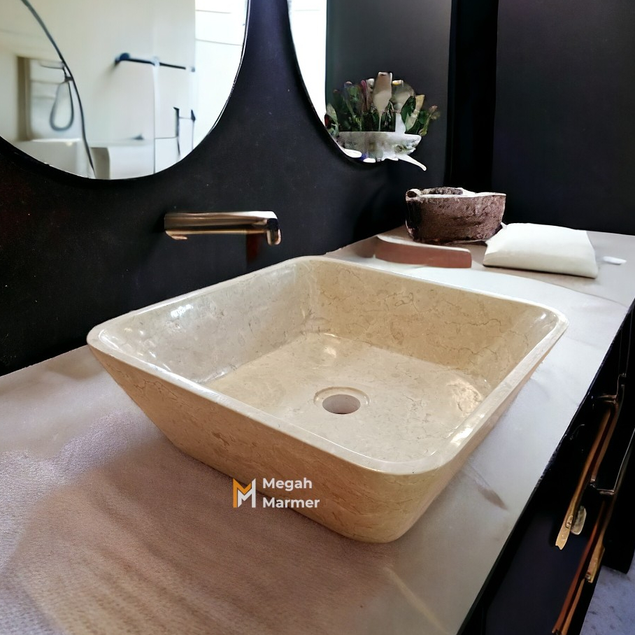 Jual Megah Marmer | Wastafel Marmer Bentuk Kotak Square Miring Cream ...