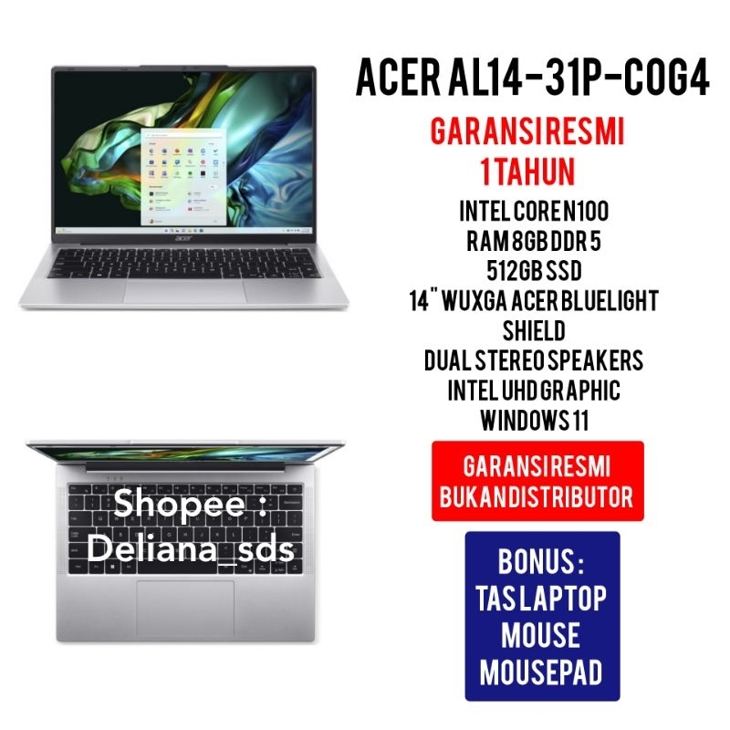 Jual Laptop Acer AL14-31P-C0G4 Intel Core N100 8GB/512GB SSD 14" WUXGA ...