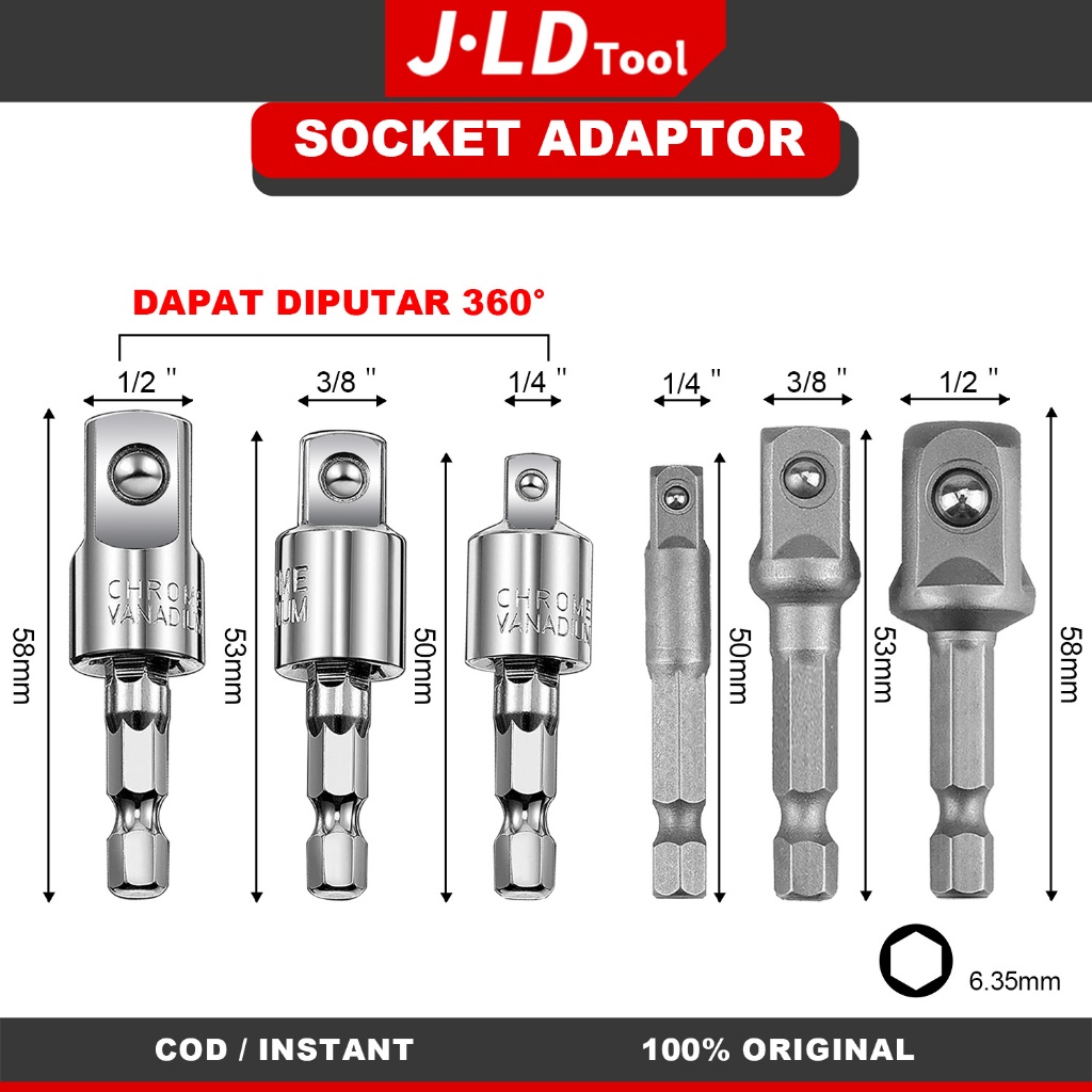 Jual JLD 3pcs Socket Adaptor Hex Adapter Kepala Bor 1/4inch Hex Kunci ...