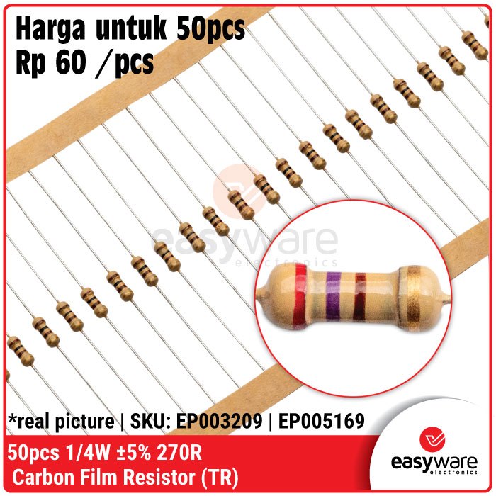 Jual 50pcs Resistor 270 Ohm 1/4W 5% Carbon Resistor 270R 0.25W 0.25 ...