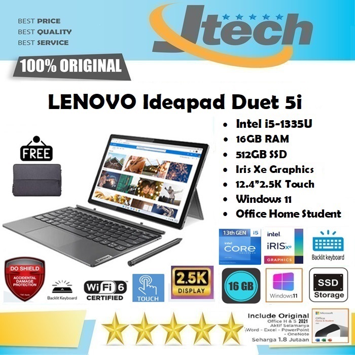 Jual Lenovo IdeaPad Duet 5 - i5-1335U - 16GB - 512GB SSD - 12.4"2.5K Touch - Win11 - OHS ...