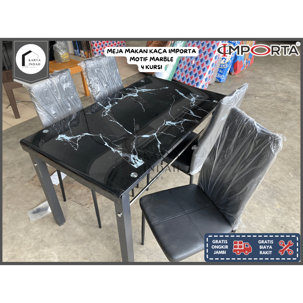 Jual MEJA MAKAN KACA IMPORTA PEVITA MARBLE HITAM 4 Kursi Besi Modern ...