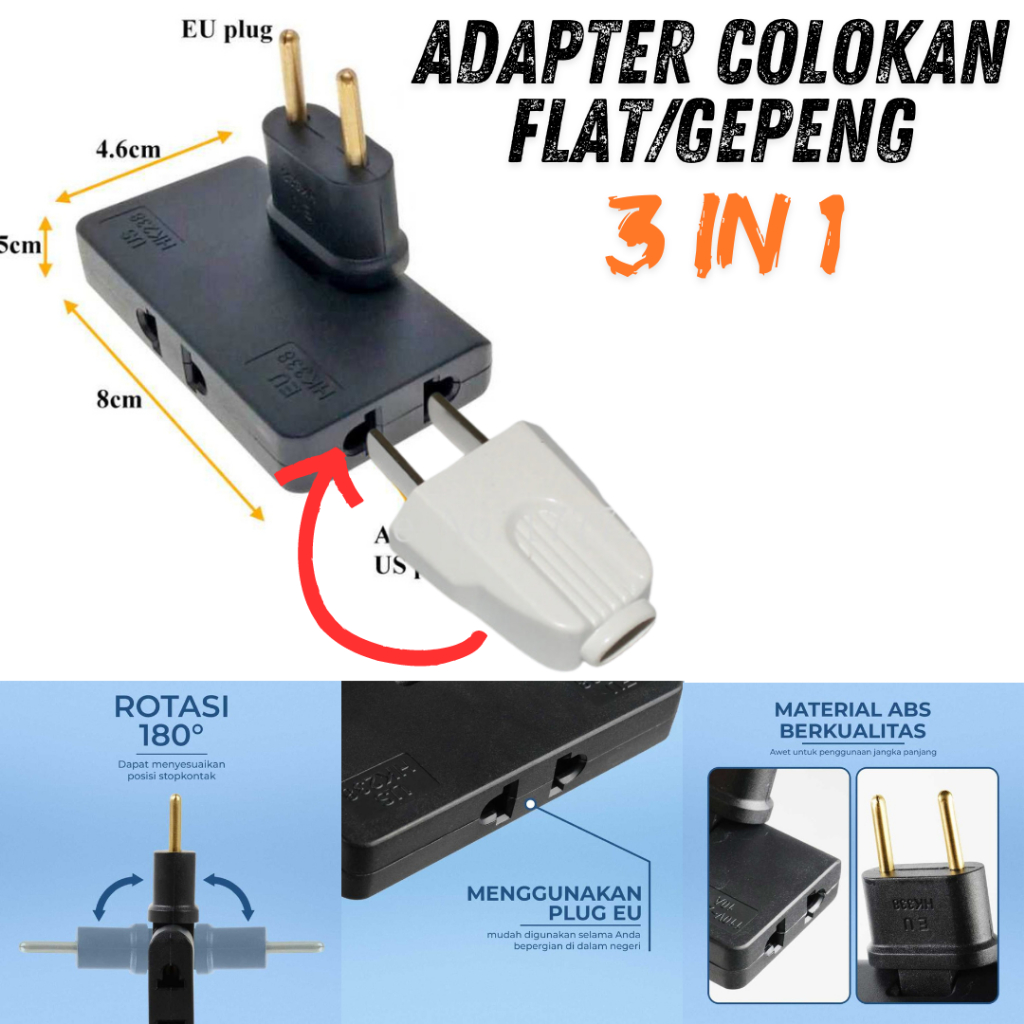 Jual Adaptor dan Konverter Colokan Listrik Gepeng US ke EU Plug Bulat ...