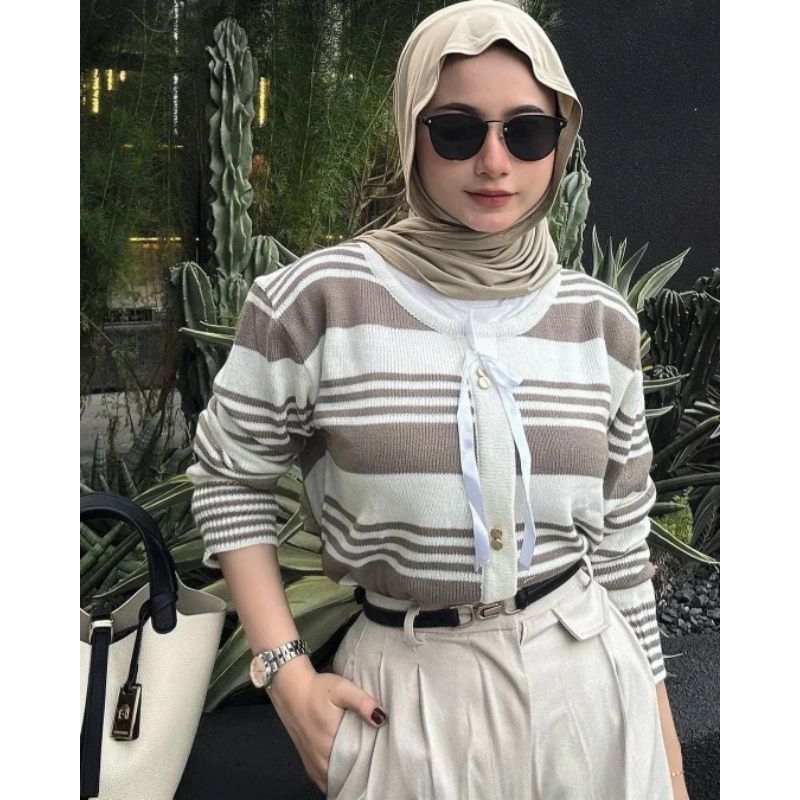 Jual Luna blouse rajut wanita motif garis dengan pita - atasan wanita ...