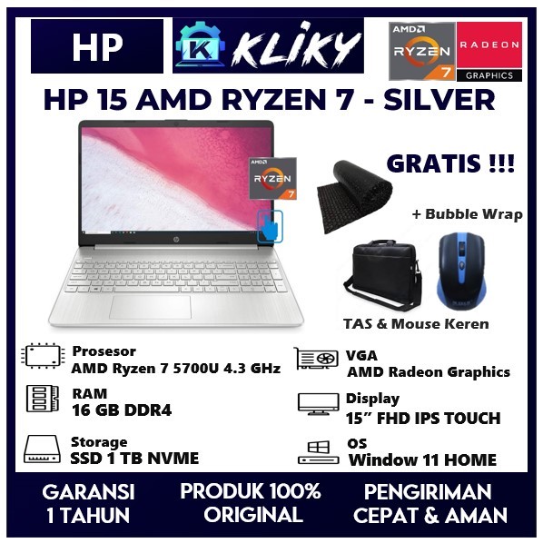 Jual Laptop Touchscreen HP 15 AMD Ryzen 7 5700U Ram 16GB Ssd 1 TB Layar ...