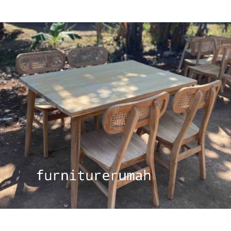 Jual meja makan kayu jati 4 kursi rotan, meja makan 4 kursi kayu jati rotan | Shopee Indonesia