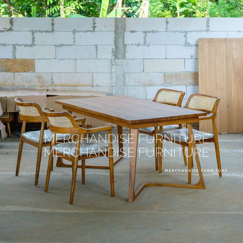 Jual Set Meja Makan Kaki V Jati Minimalis - Kursi Makan Cafe Resto Hiroshima Rotan - Meja Makan ...