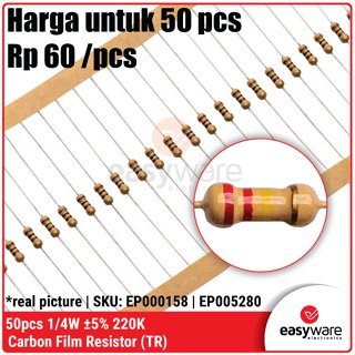 Jual 50pcs Resistor 220K Ohm 1/4W 5% Carbon Resistor 220K 0.25W 0.25 Watt Resistor 5% | Shopee ...