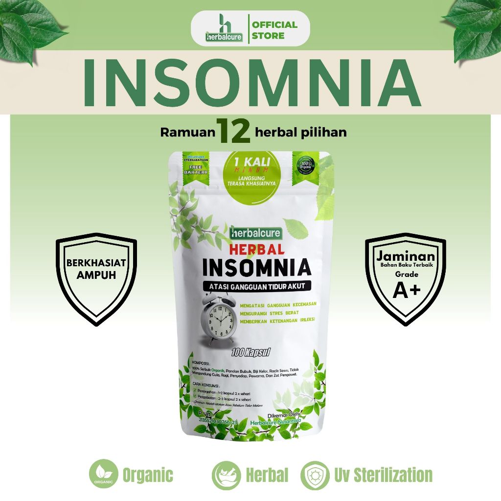 Jual INSOMNIA herbalcure 12 Herbal Pilihan Sulit Tidur Akut ,Cemas ...