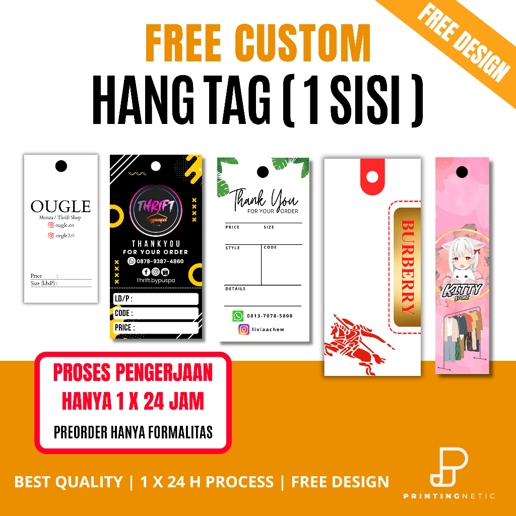 Jual (FREE DESIGN) Custom Hang Tag (1 Sisi) / Label Tag Baju / Hang Tag ...