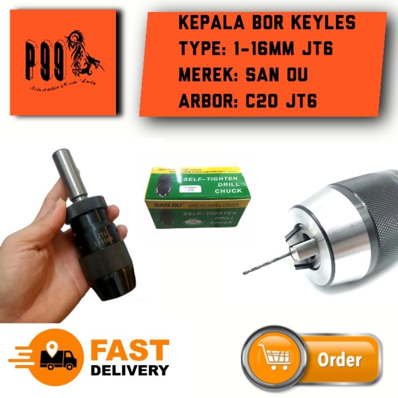 Jual Paket Keyles Drill Chuck 1-16mm SAN OU Kepala Bor Set arbor lurus ...