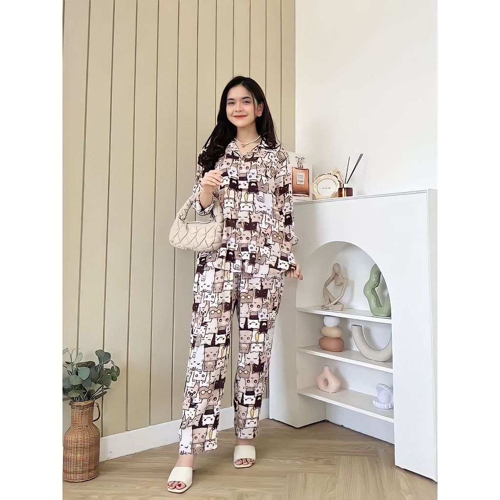 Jual One Set Piyama Setelan Rayon Polos Pajamas Viscose Motif Terbaru Wanita Dewasa Lengan ...
