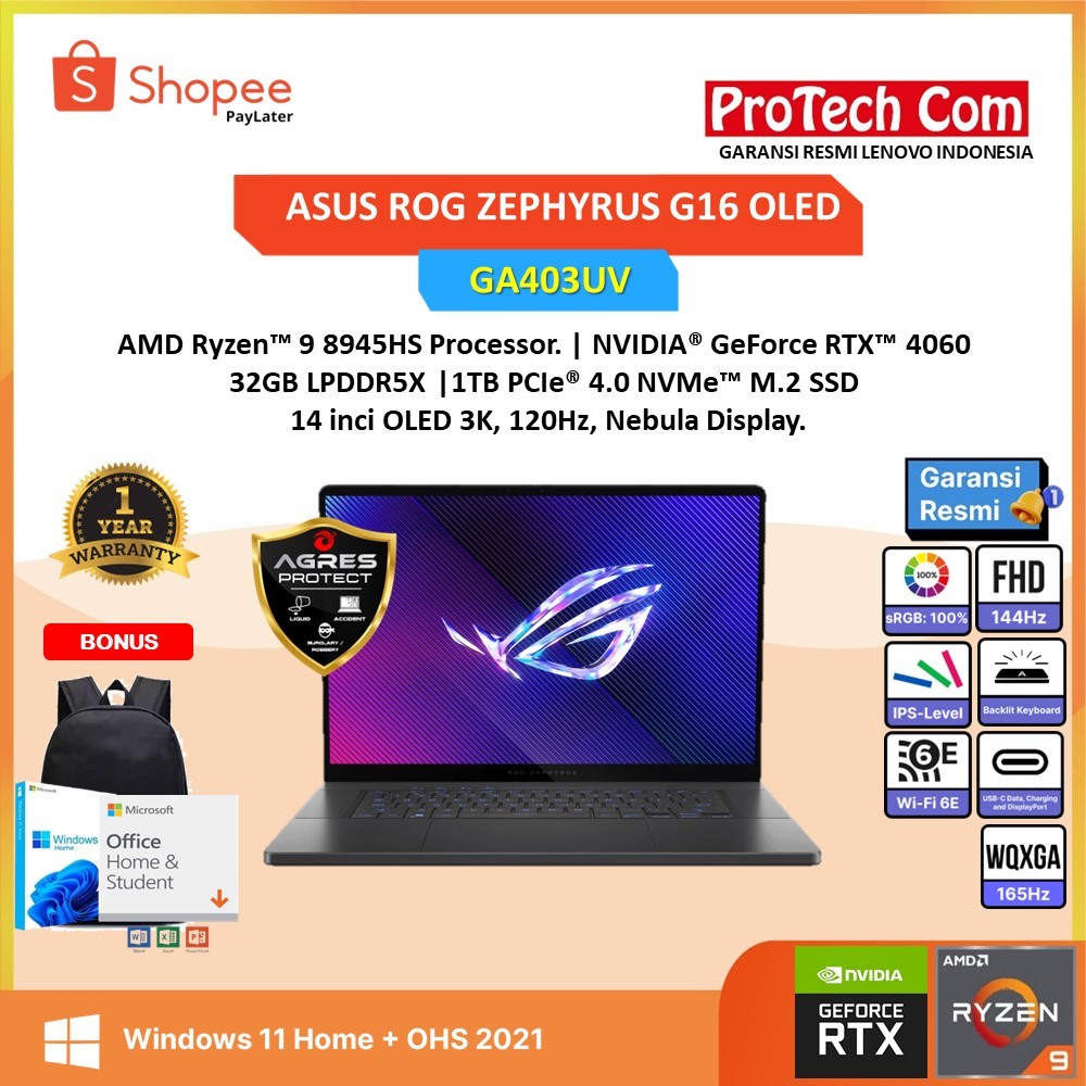 Jual ASUS ROG ZEPHYRUS G14 OLED GA403UV RYZEN 9 8945HS RTX4060 8GB/ 32GB 1TB W11+OHS 14.0QHD ...