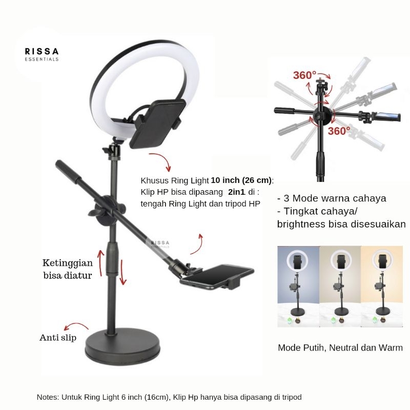 Jual [RISSA] Overhead Tripod 360° + Ring Light 2in1 Live Tripod Lampu ...