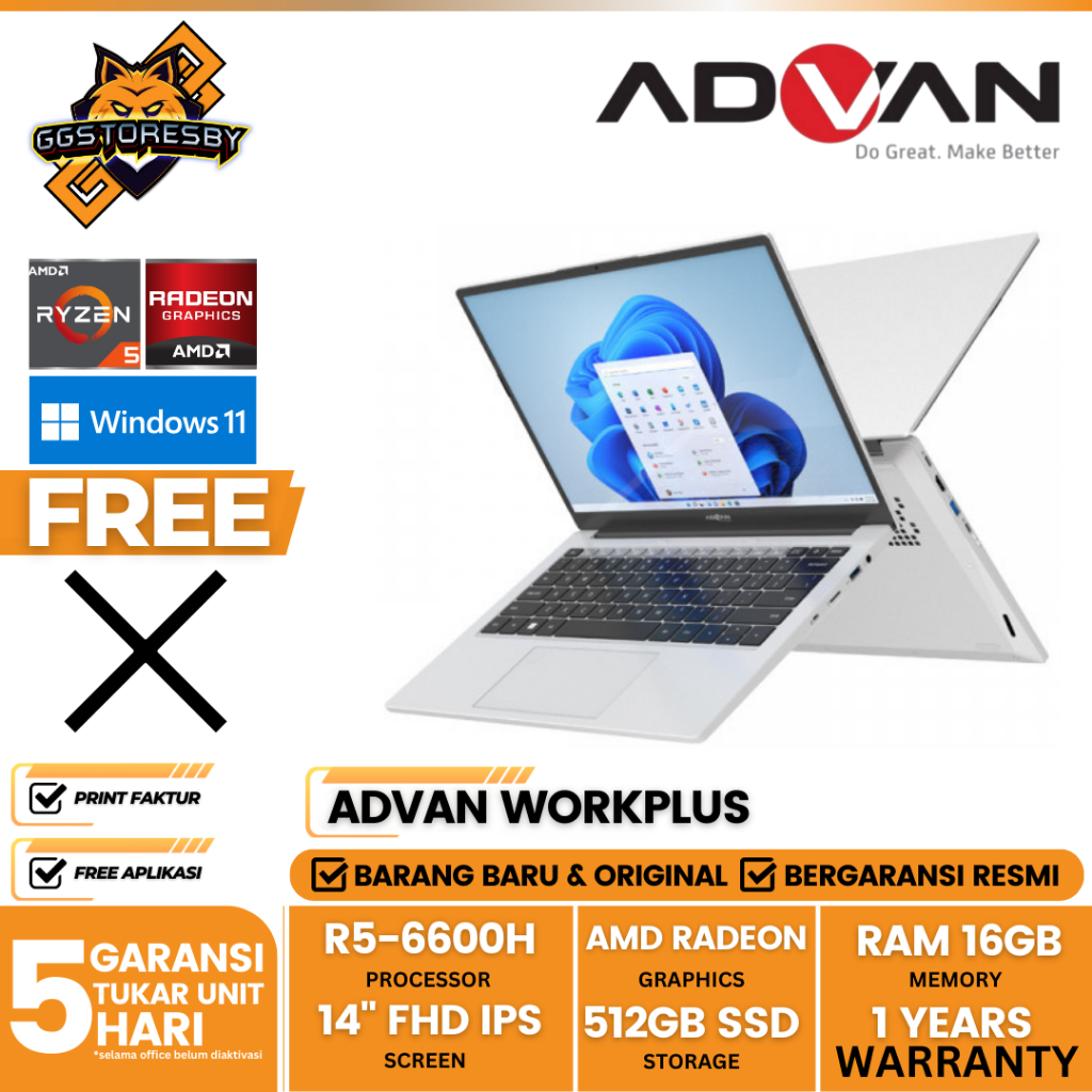 Jual Laptop Advan Workplus | R5-6600H 16/512 Amd 14" Fhd Ips W11 ...