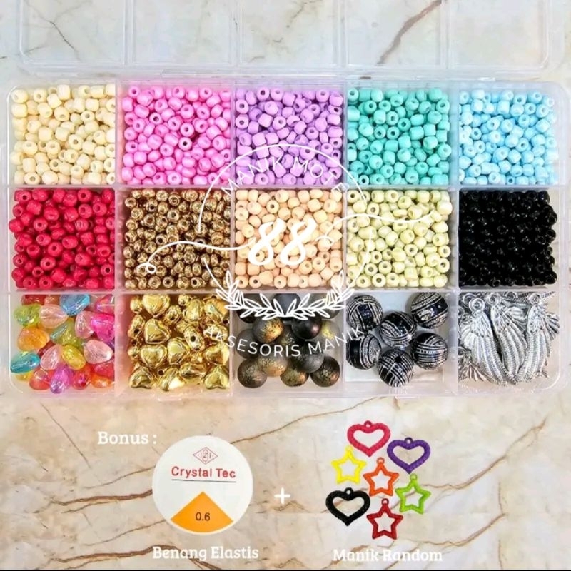 Jual Manik manik set aesthetic 1 box 15 sekat manik manik DIY free tali ...