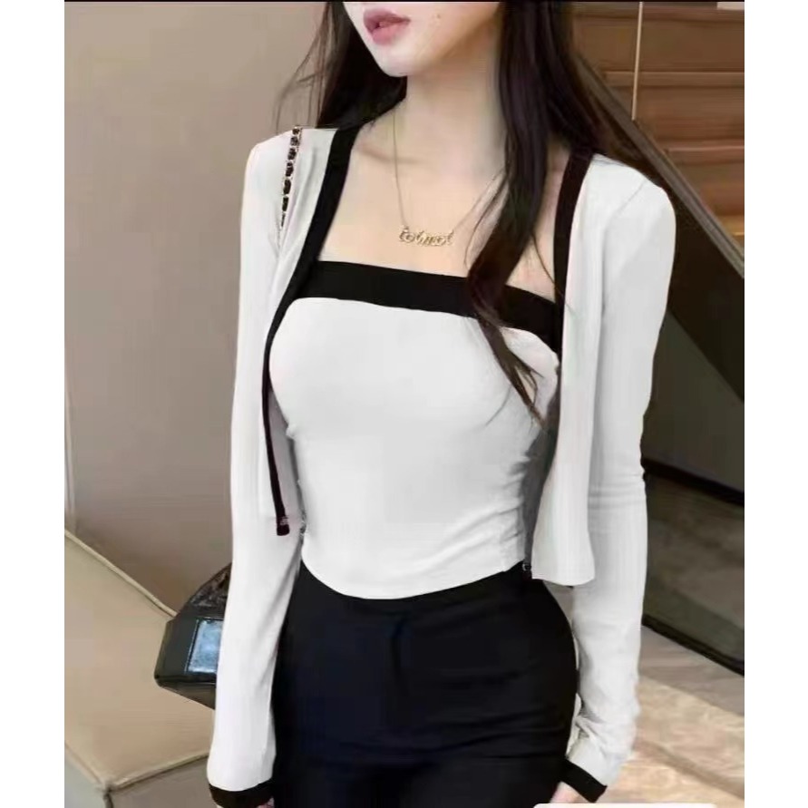 Jual AJWShop WAB Atasan Tanktop Cardigan Set Lengan Panjang Korean Style Kekinian Rajut Import ...