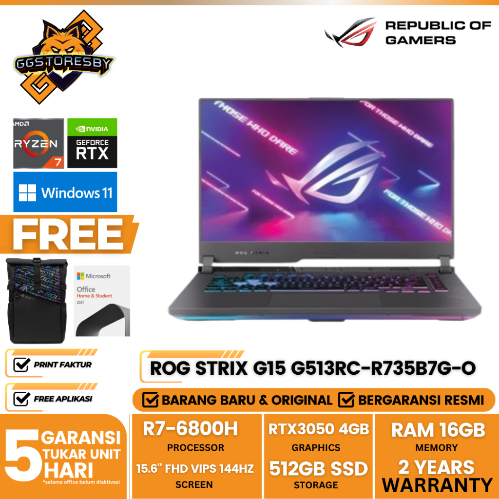 Jual Laptop Asus Rog G513Rc-R735B7G-O | R7-6800H 16/512 Rtx3050 W11 ...