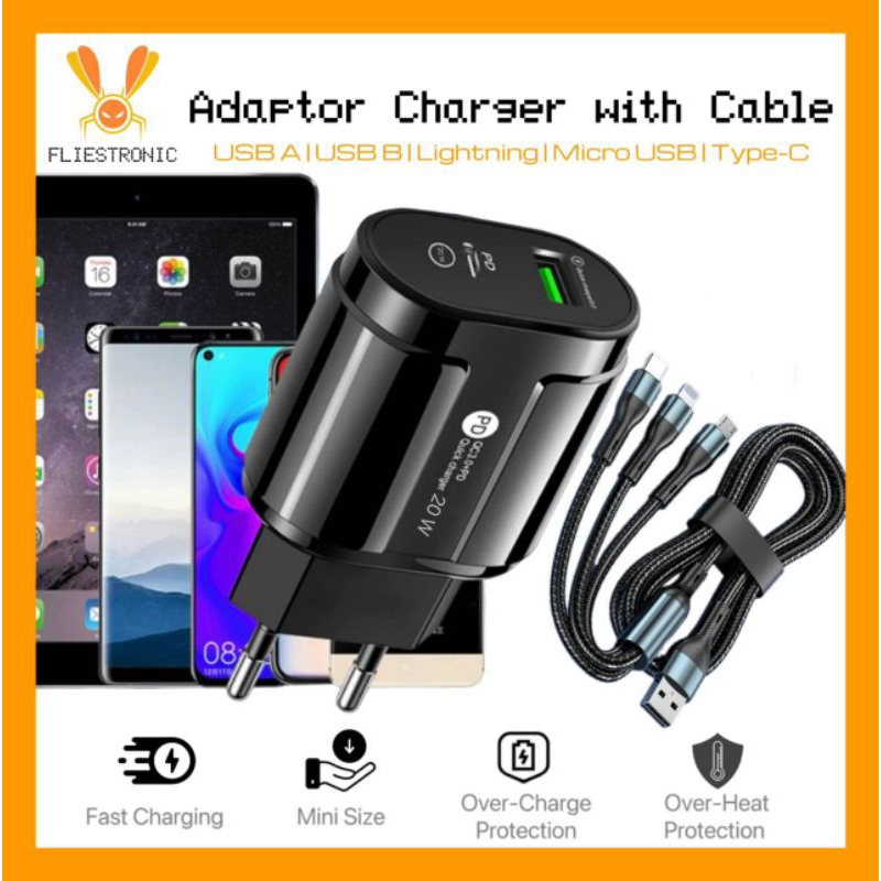Jual COD FLIESTRONIC Charger Full Set 3in1 BLACK / Cable Type C ...