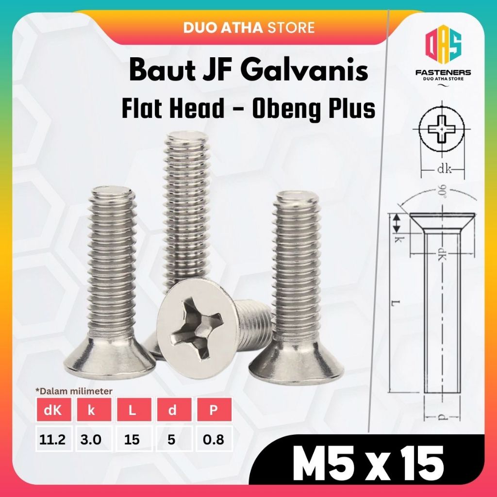 Jual M5x15 Baut JF Flat Head Baut JF M5 x 15 Obeng Plus | Shopee Indonesia