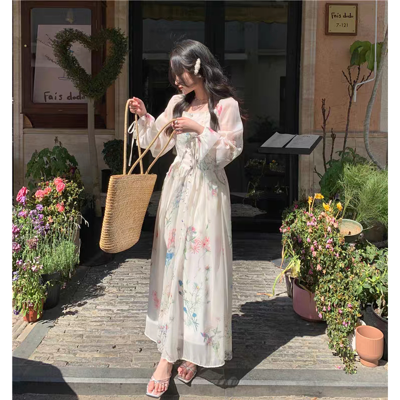 Jual FAN Gaun sifon bermotif retro Prancis gaun lengan panjang gaun ...