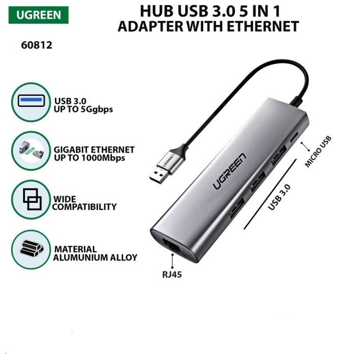 Jual UGREEN Adapter HUB USB A 3.0 To 3 Ports USB LAN Ethernet RJ45 ...