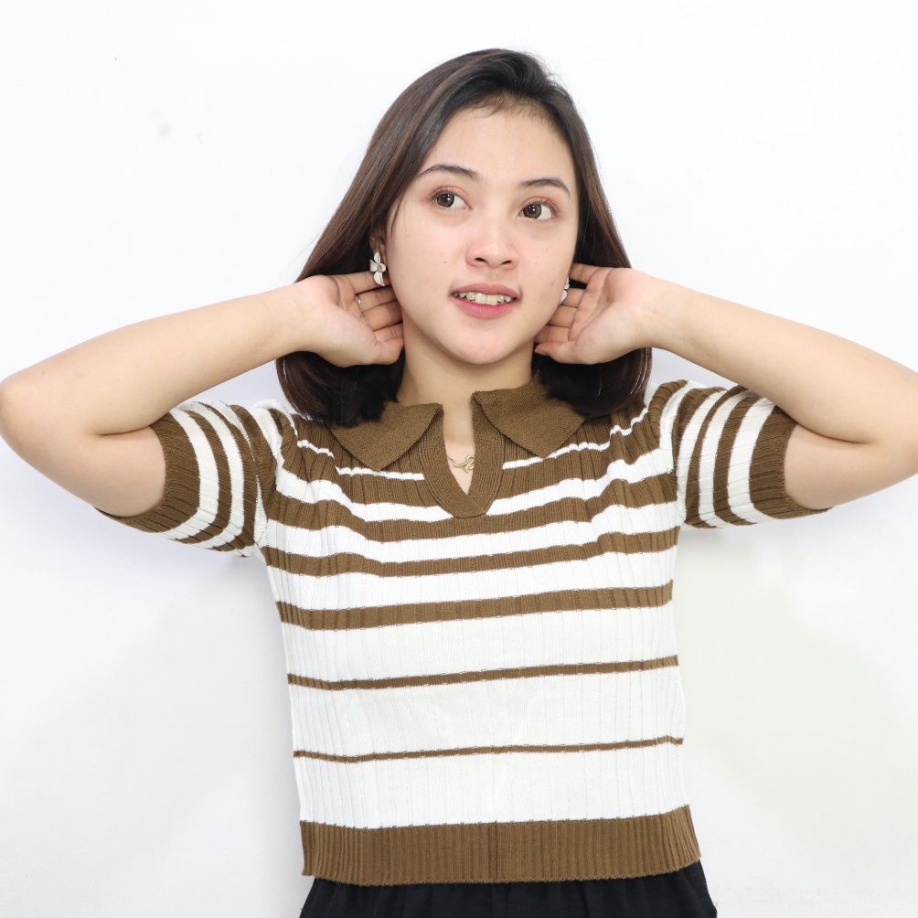 Jual PRODUCT TERPOPULER Atasan Kerah Polo Salur Wanita Kaos Vneck Rajut Lengan Pendek Style ...