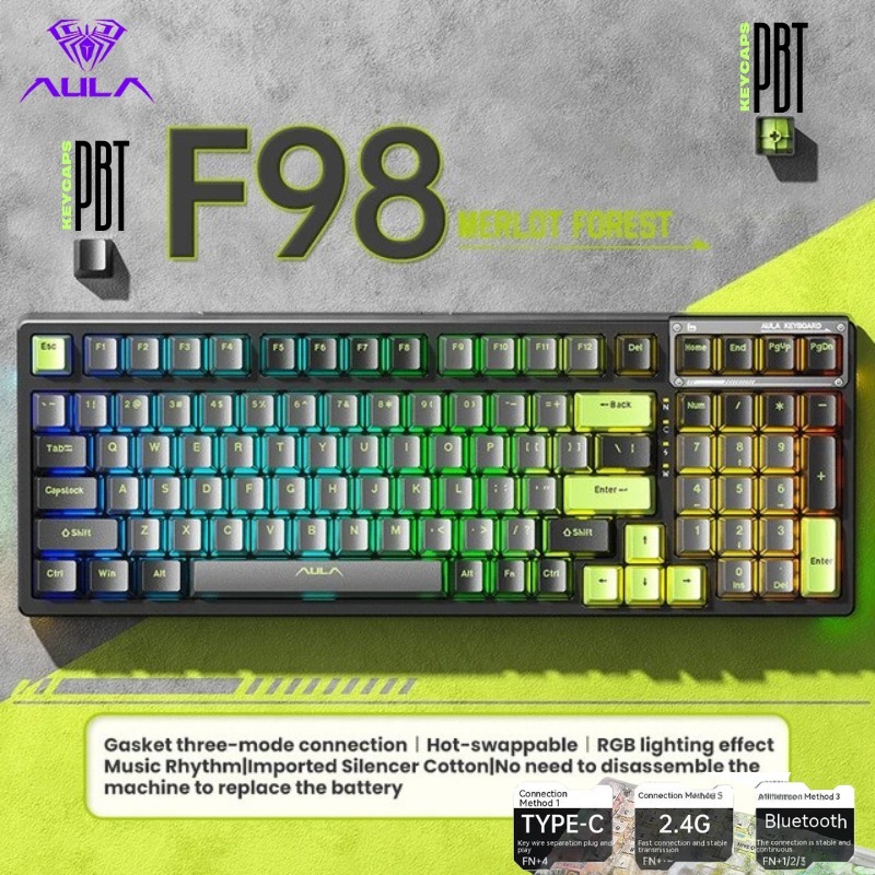 Jual AULA F98 PBT Keycaps Gasket Mechanical Keyboard with 3 mode ...