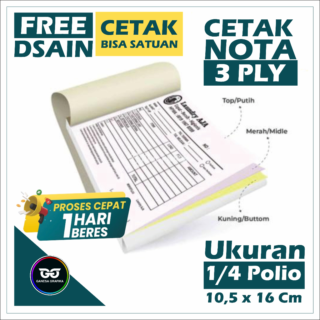 Jual cetak nota custom murah 3 ply ukuran sedang 1/4 folio GANESA ...