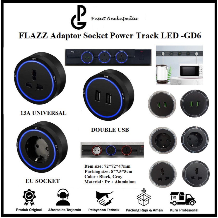Jual FLAZZ Adaptor Socket Power Track LED 13A Double USB EU Soket - GD6 ...