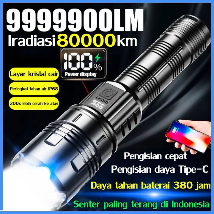 Jual Senter LED Super Terang Jarak Jauh Anti Air Senter LED 99999 Lumens Original USB C ...